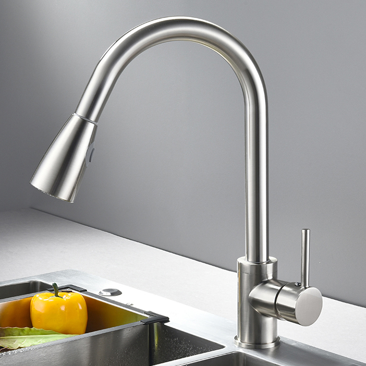 Retractable Spout Kitchen Faucet | Stream Spray Head | Hot & Cold Water ...